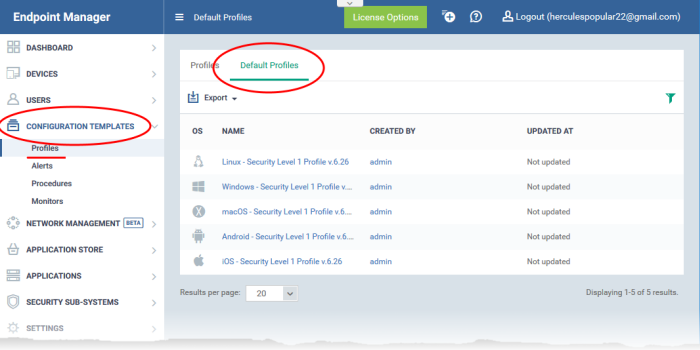 Manage Default Profiles Security Manager Endpoint Manager Comodo